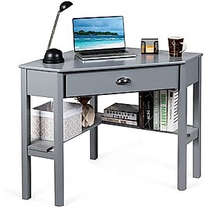 Nightcore Corner Desk for Small Space, Wood Corner Computer Desk, Compact Writing Table w/Drawer & Storage Shelves, Space Saving Study Workstation, Laptop PC Corner Table for Home Office