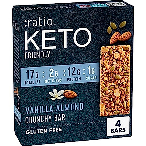 :ratio KETO Friendly Crunchy Bars, Vanilla Almond, Gluten Free Snack, 4 ct
