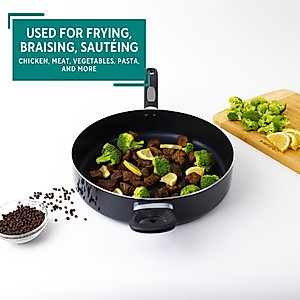 Mirro A79782 Get A Grip Aluminum Nonstick Jumbo Cooker Deep Fry Pan with Glass Lid Cover Cookware, 12-Inch, Black