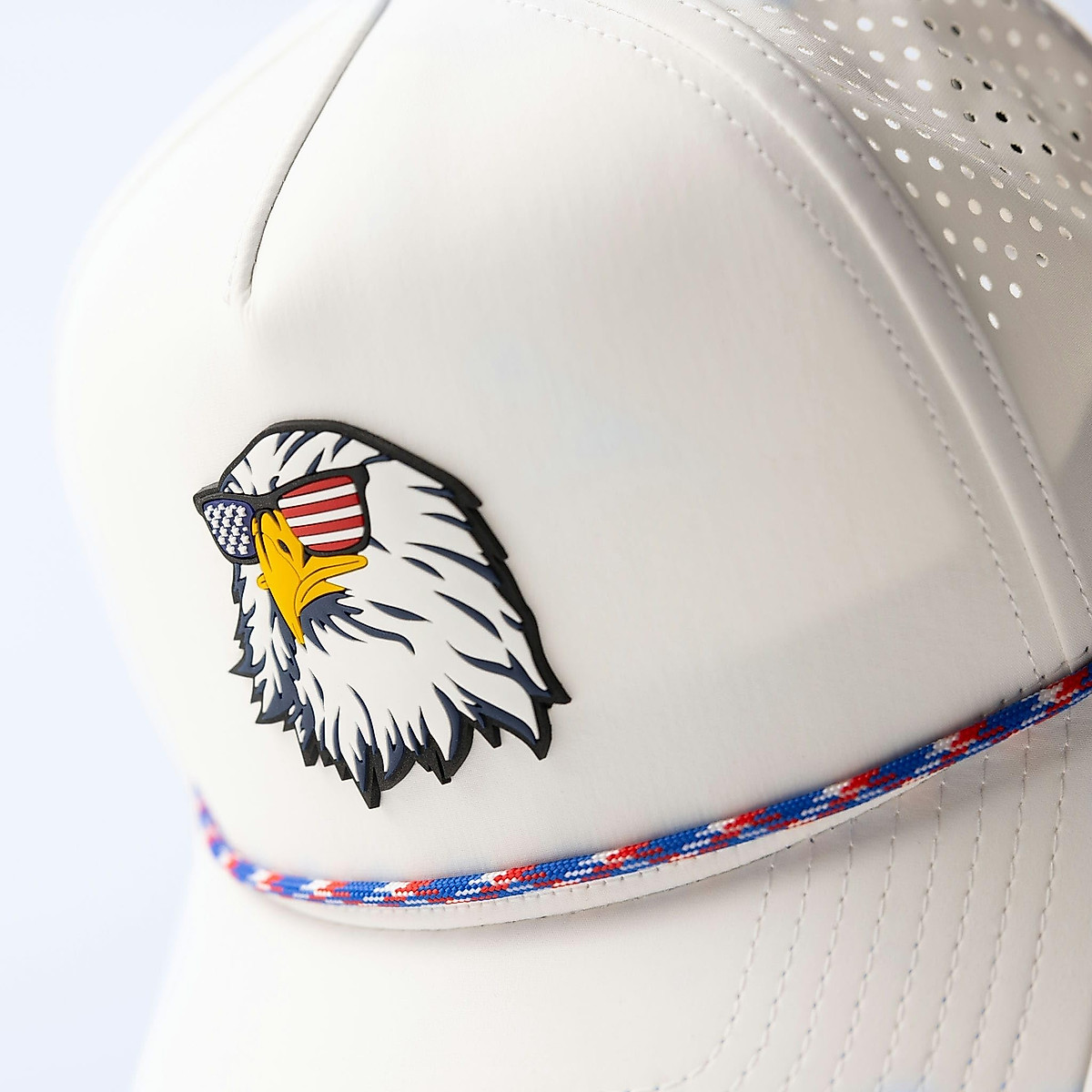 Branded Bills Party Eagle PVC Curved 5 Panel Rope Hat, White/RWB Rope, Fits 7-7 7/8, Adjustable Snapback | Lightweight, Comfort Stretch, & Quick Dry Baseball Cap