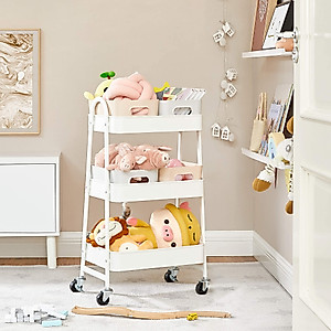 SONGMICS 3-Tier Rolling Cart, Metal Storage Cart, Kitchen Storage Trolley with 2 Brakes and Handles, Utility Cart, Easy Assembly, for Painting Utensils Bedroom Laundry Room, White UBSC068W01