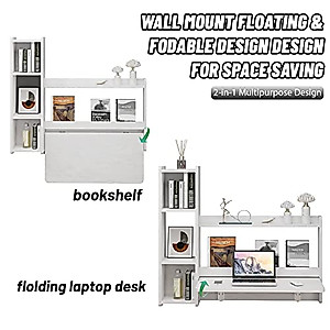 Pmnianhua Floating Desk,Wall Mounted Laptop Computer Desk Folding Wall Table Desk Workstation with Storage Shelves for Wall Bedroom Small Space (Grayish-White-Left)