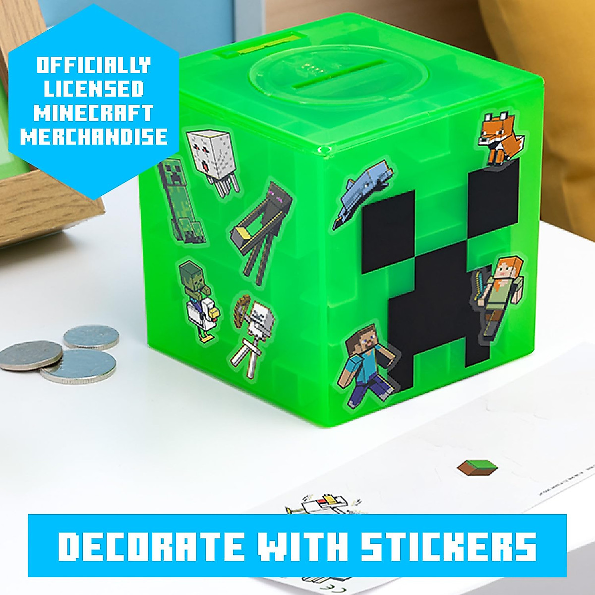 Paladone Minecraft Creeper Maze Safe, Complete The Maze to Unlock Money, Fun Minecraft Block Collectible Toy and Piggy Bank for Kids, Comes with Decorative Stickers