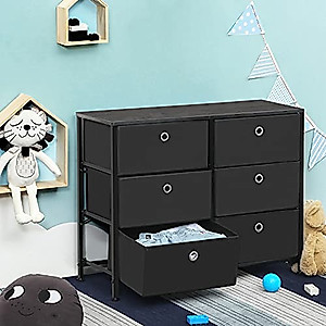 SONGMICS 3-Tier Dresser, Storage Unit with 6 Easy Pull Fabric Drawers, Metal Frame, and Wooden Tabletop, for Closet, Nursery, 31.5", Black