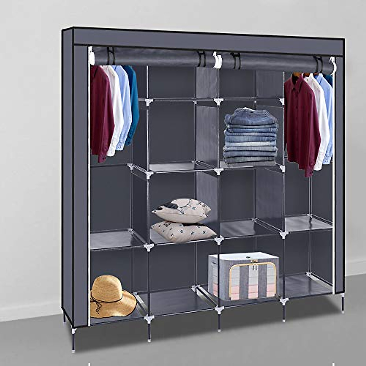 Knocbel 67" Tall Freestanding Closet Organzier Clothes Garment Rack Dustproof & Waterproof Fabric Cover with Storage Shelves 2 Hanging Rods & 4 Side Pockets (Gray)