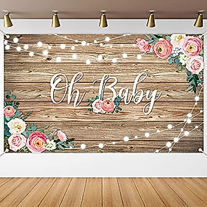 Rustic Wood Baby Shower Backdrop Banner Oh Baby Floral Baby Shower Decorations for Girls and Boys Wood Floor Flower Wall Newborn Birthday Party Photo Shoot Booth