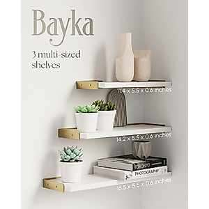 BAYKA Wall Shelves for Bedroom Decor, Floating Wall Shelves for Living Room Kitchen Storage, Wall Mounted Rustic Wood Shelves for Kids Books, Small Shelf for Bathroom(White and Gold，Set of 3)