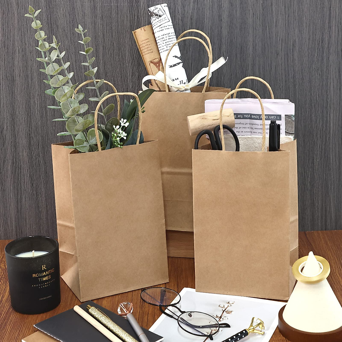 Moretoes 150pcs Brown Paper Bags, Small Paper Gift Bags with Handles, Kraft Bags, Gift Bags, Shopping Bags, Party Bags for Birthday, Wedding, Valentine's Day (5.2x3.5x8 Inches)
