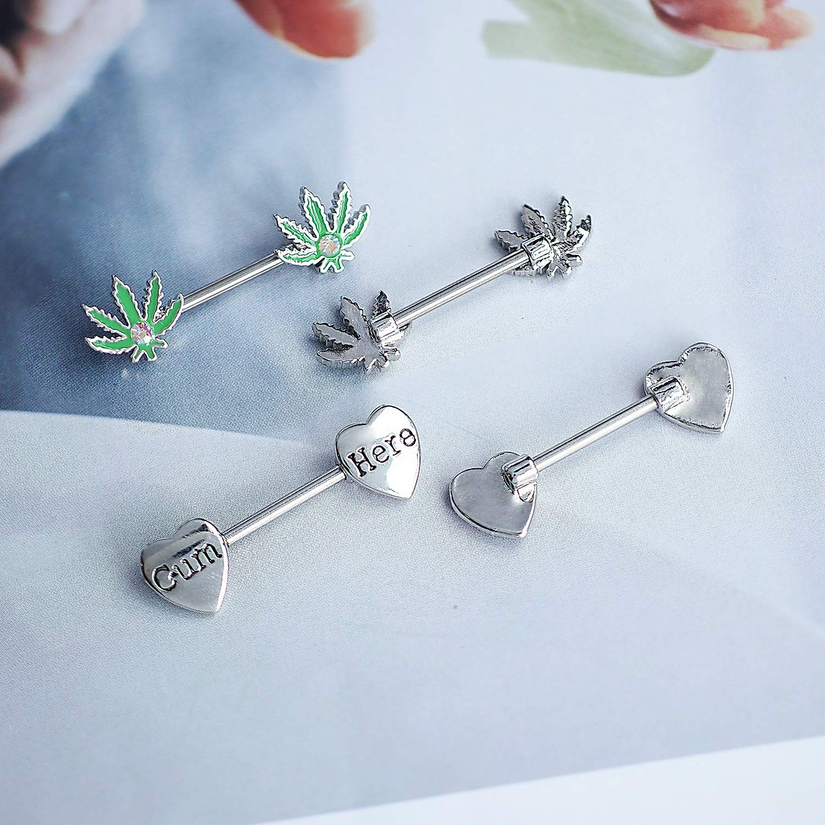 CHARM ONLINE 4 Pcs 14G Marijuana Leaf Nipple Rings Surgical Steel and Letter Letter Set Nipple Barbell for Women Men Body Piercing