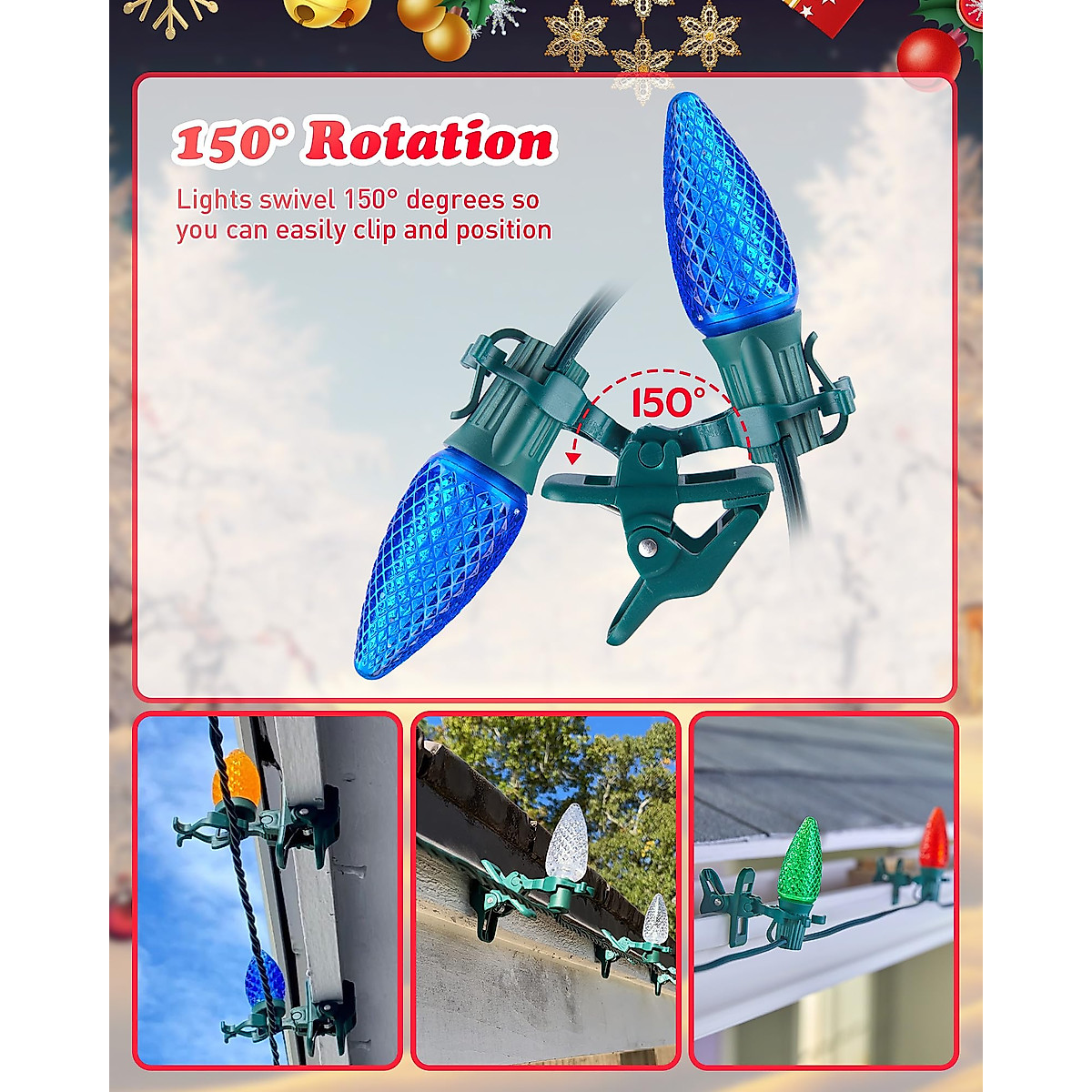 Minetom C7 C9 Christmas Light Clips Outdoor, 100 Count Universal Quick Christmas Light Spring Clips for Outside Roof Gutter Shingle Fence E12 E17 Base