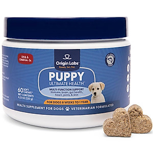 Origin Labs Puppy Multifunction Support DHA Omega 3 Supplement, Wild Alaska Salmon Fish Oil, Probiotic for Gut Health, Immune Support, Heart, Skin, Brain, Joint Health, Salmon Flavor, 60 Soft Chews