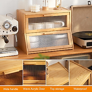 GHWIE Double Layer Bamboo Bread Box for Kitchen Counter,Large Capacity Bread Storage Bin,Bread Container with Acrylic Wavy Door Panel,Natural