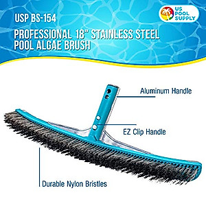 U.S. Pool Supply Professional 18" Stainless Steel Pool Brush with Heavy Duty Aluminum Handle, EZ Clips - Durable Wire Bristles, Scrub Remove Rust Stains on Concrete, Sweep Wall Floor Step Debris