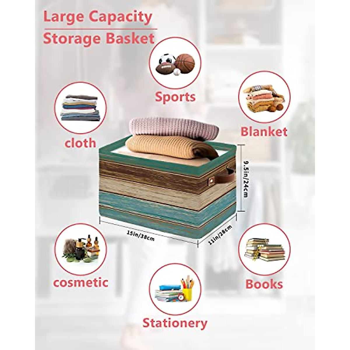 Storage Bins Retro Rustic Barn Wood Teal Green Brown Storage Box Foldable Storage Basket for Shelves Storage Cubes Bin for Organizing Closet Nursery Toy Organizers with Handles