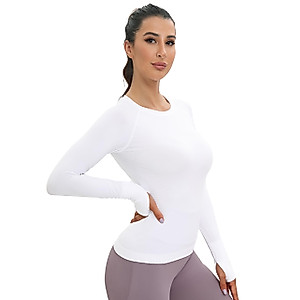 MathCat Workout Shirts for Women Long-Sleeved Athletic Shirt Running Breathable Seamless Yoga Tops White