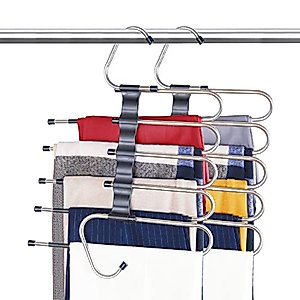 OKOMARSS Pants Hangers Space Saving, 2 Pack Stainless Steel Anti-Slip Multiple Layers Multifunctional Pants Hangers Uses Wardrobe Clothes Hangers for Pants Trousers Skirts Scarves (Black)