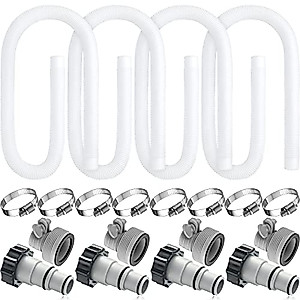 4 Pack Pool Filter Hose Replacement Kit 1.5 Inches Pool Hose for Above Ground with 8 Pcs Hose Clamps and 8 Pieces Hose Adapters for Swimming Pool Compatible Accessories (White)