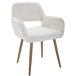 KCC Furry Desk Chair, Mid-Century Modern Accent Faux Fur Chair for Teen Girls, Comfy Armchair with Wood Look Metal Legs for Living Dining Room, Home Vanity Makeup Office Desk Chair No Wheel, White