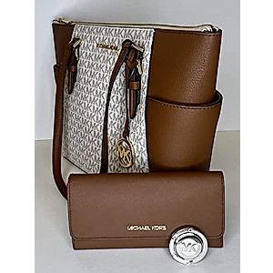 Michael Kors Charlotte Large Zip Tote bundled with matching Trifold Wallet and Purse Hook (Vanilla MK/Luggage)