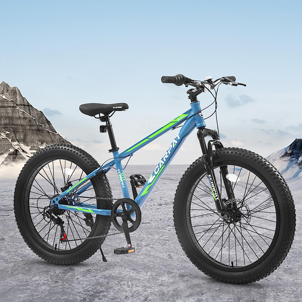 Ecarpat Mountain Bike 24 Inch Wheels, Christmas New Year Gifts 3-Inch Wide Fat Tire Snow Mountain Bikes, 7 Speed for Men Women Bicycles, Steel Frame Disc Brake Front Suspension