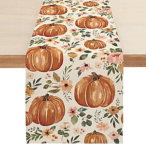 Sambosk Fall Pumpkin Table Runner, Autumn Thanksgiving Floral Table Runners for Kitchen Dining Coffee or Indoor and Outdoor Home Parties Decor 13 x 72 Inches SK095