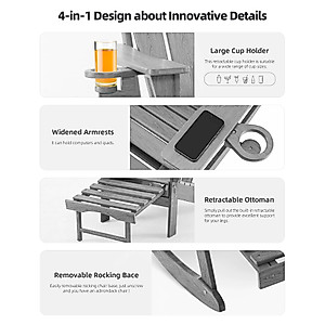 Serique Folding Adirondack Rocking Chair,4-in-1 Multifunctional Patio Chair with Retractable Ottoman, Outdoor Chair Wood Texture, Lawn Chair for Porch, Backyard, Pool(Grey)