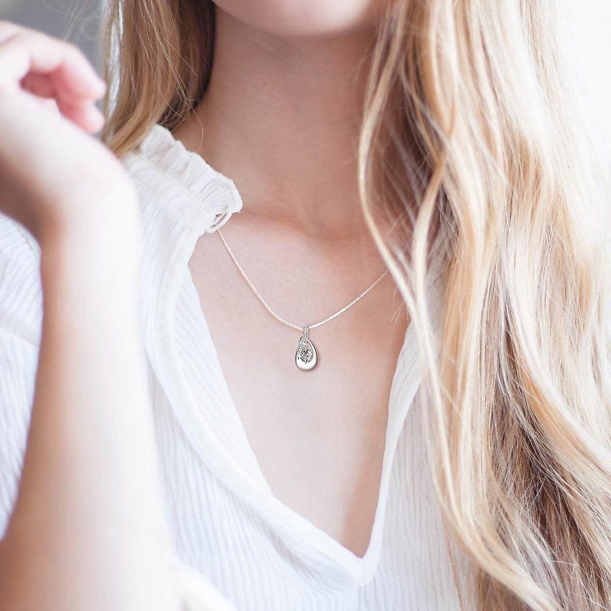 BEILIN 925 Sterling Silver Urn Pendant Necklaces for Ashes Cubic Zirconia Teardrop Keepsake Cremation Jewelry Women Memorial Gifts for A Loss of Loved one (Clear)