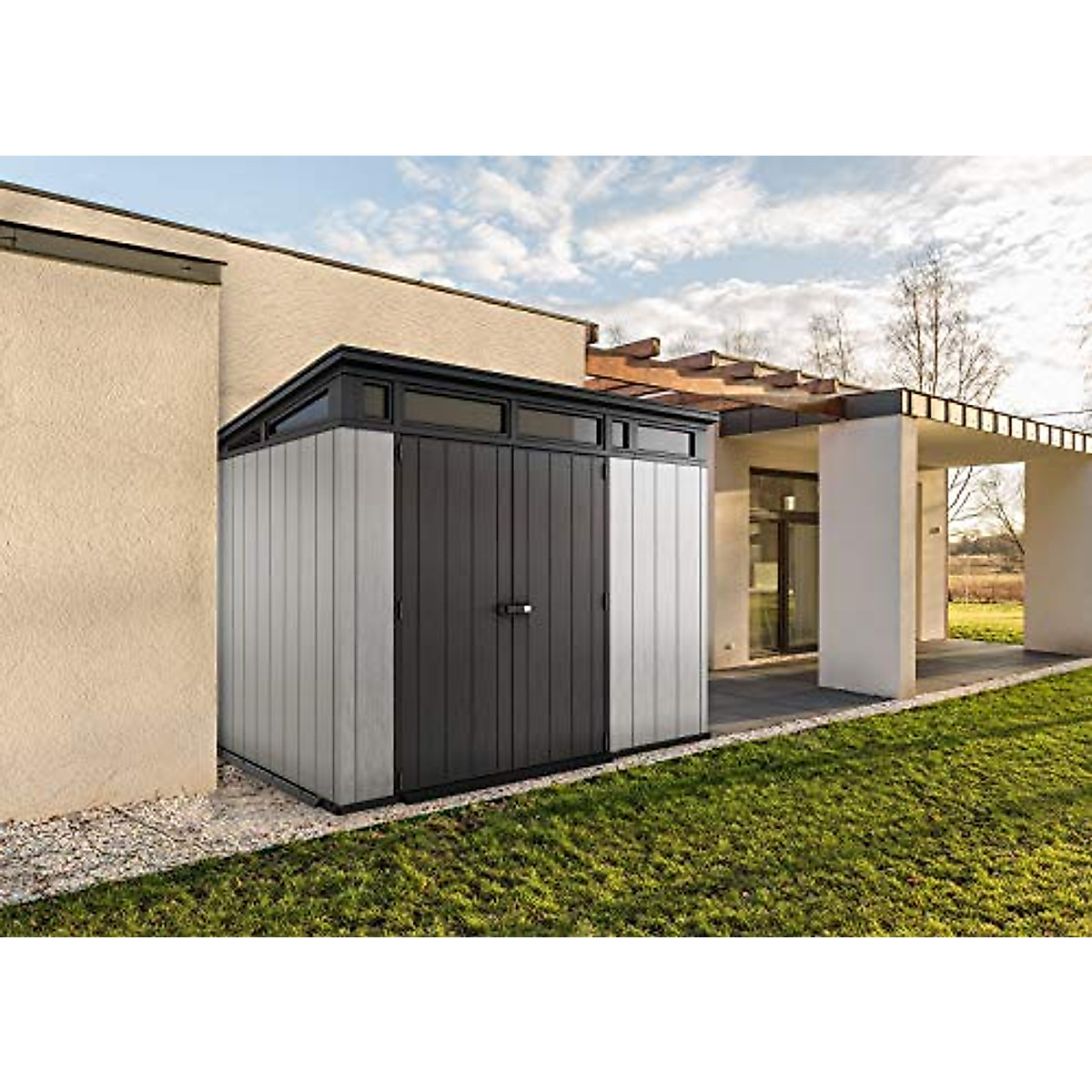 Keter Artisan 9x7 Foot Large Outdoor Shed with Floor with Modern Design for Patio Furniture, Lawn Mower, Tools, and Bike Storage, Grey