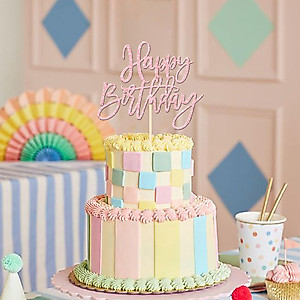 1 PCS Happy Birthday Cake Topper Glitter Happy Birthday Cake Pick for Celebrating Happy Birthday Anniversary Theme Party Cake Decorations Supplies Light Pink