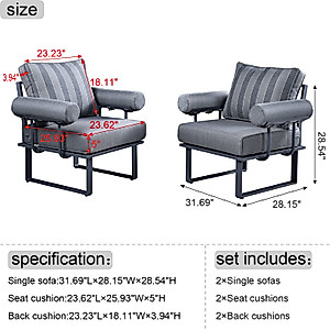 HOOOWOOO Aluminium Outdoor Chairs Set of 2 Patio Club Chairs Armchairs Bistro Set Chairs with Armrest Cushions,Grey Frame Grey Stripes Thick Cushions