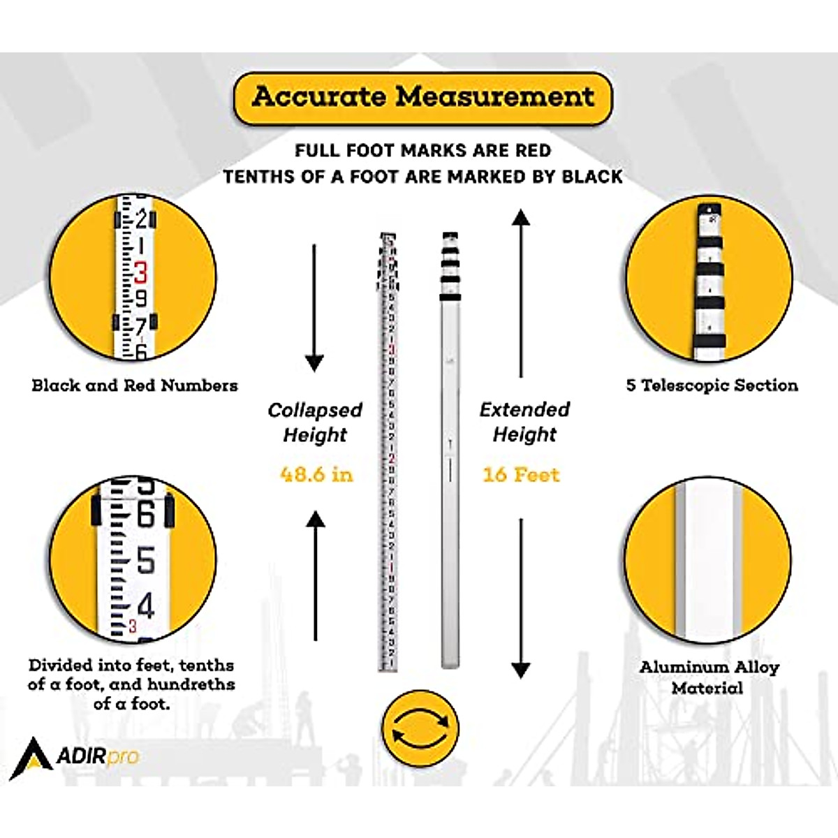 AdirPro 16-Foot Aluminum Grade Rod - 10ths, Dual Sided 5-Section Telescopic Leveling Rod – Bubble Level and Soft Carrying Case Included