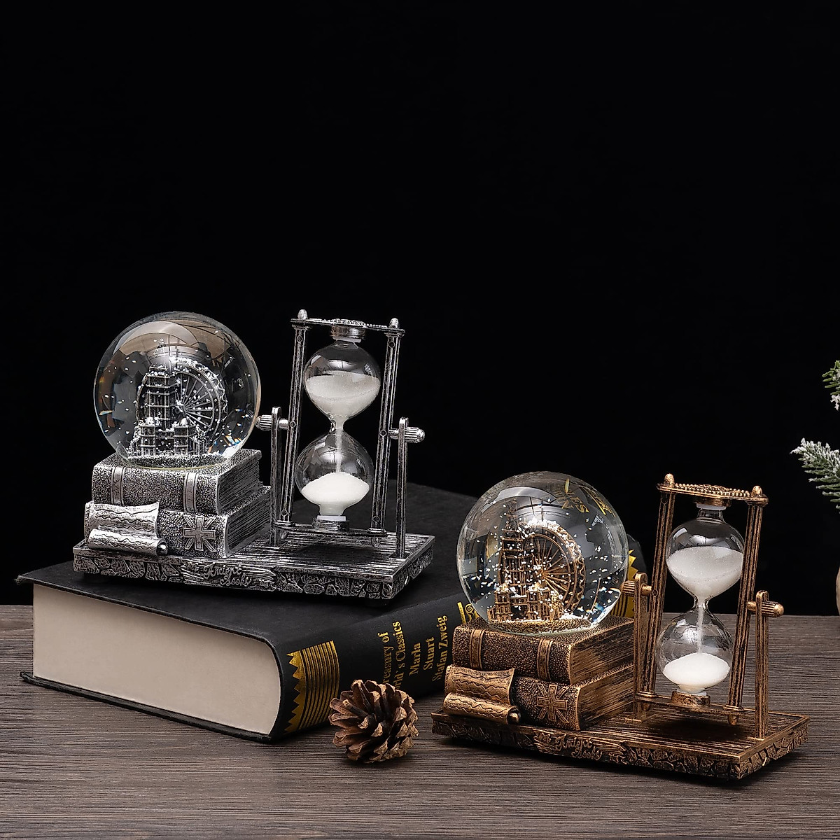 Antique Crystal Music Snow Globe with Sand Clock Timer Hourglass LED Music Globe Collectibles Home Decorations for Living Room Fireplace Mantel Silver Ferris Wheel