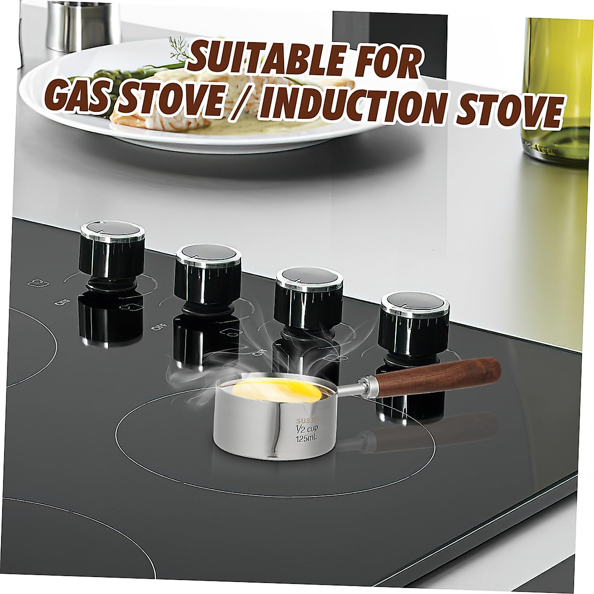 Alipis Butter Warmer, Stainless Steel Small Sauce Pan with Wooden Handle, Butter Chocolate Melting Coffee Milk Warmer Pot with Pouring Spout (125ML, 4.22OZ)