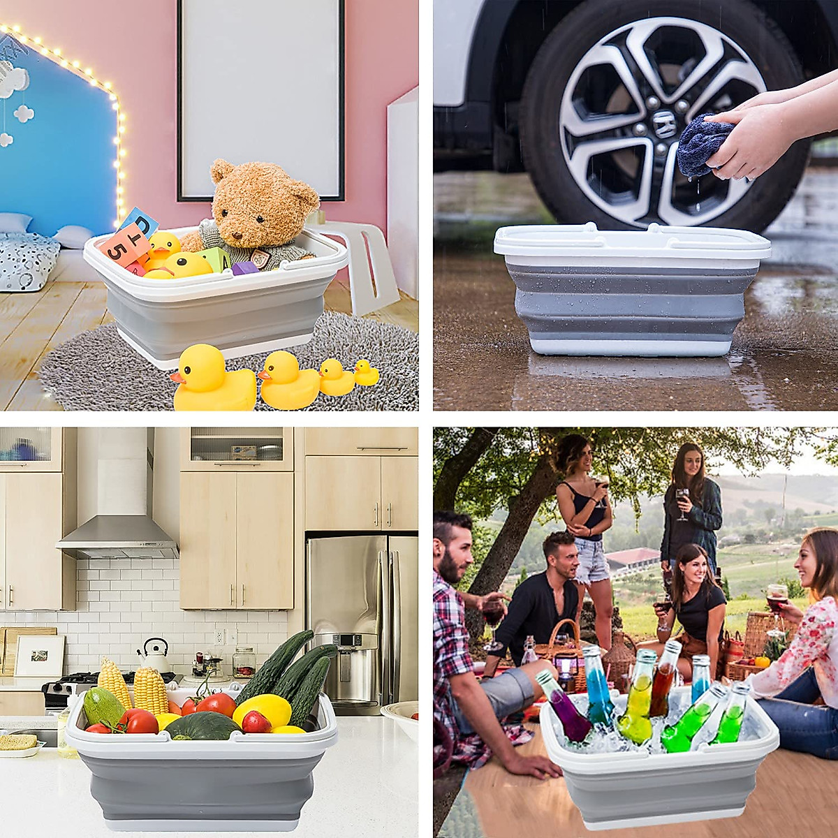 AUTODECO 2 Pack Collapsible Sink with Handle Towel, 2.37 Gal / 9L Foldable Wash Basin for Washing Dishes, Camping, Hiking and Home Gray