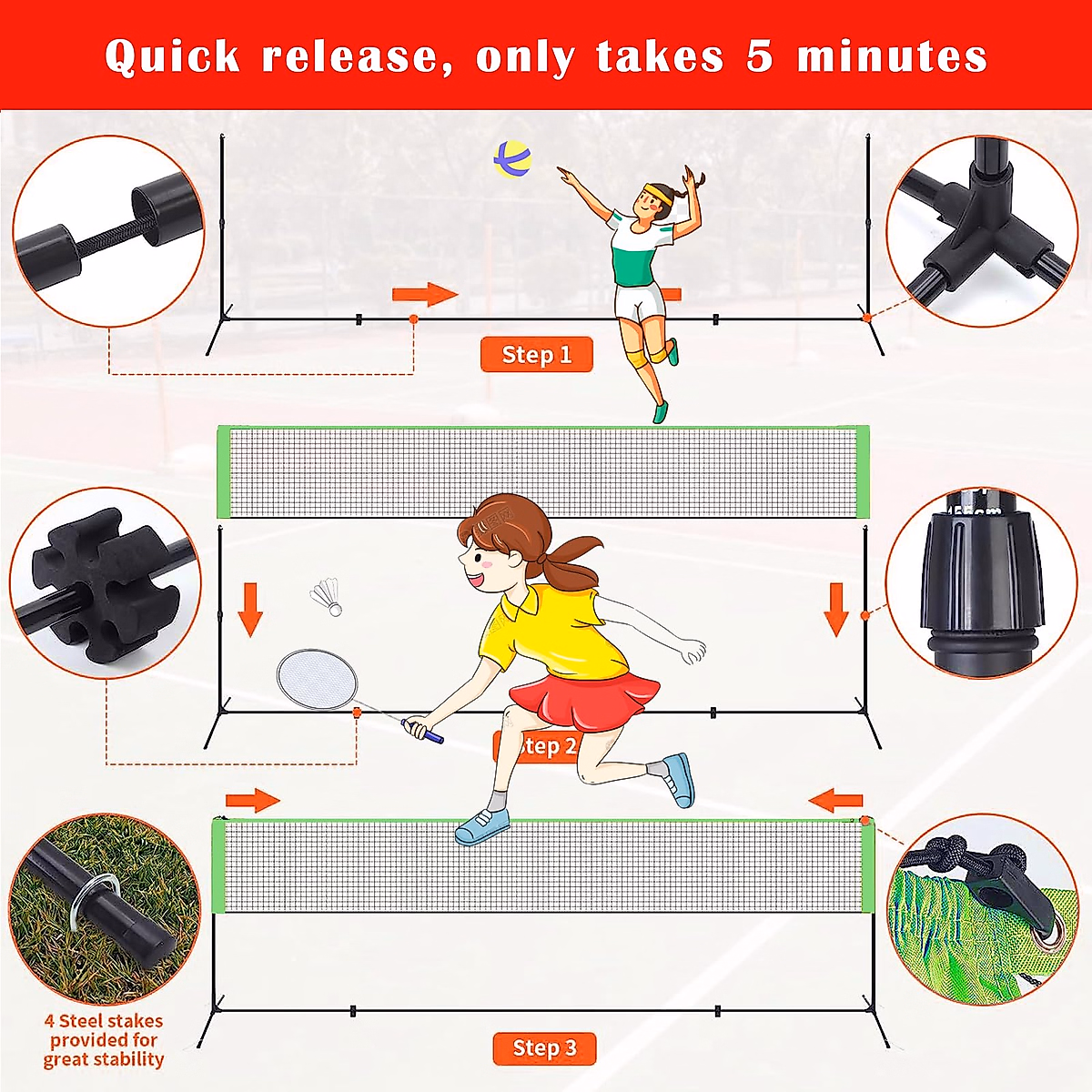 17ft Badminton Sets for Backyards, All-in-One Outdoor Volleyball and Badminton Combo Set - Includes Height Anti-Sag Net, Volleyball, Air Pump, 2 Badminton Rackets, 3 Birdies, Scoreboard and More