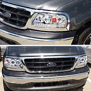 [For 1997-2003 Ford F150 Pickup Truck] LED Halo Ring Chrome Housing Projector Headlight Headlamp Assembly, Driver & Passenger Side