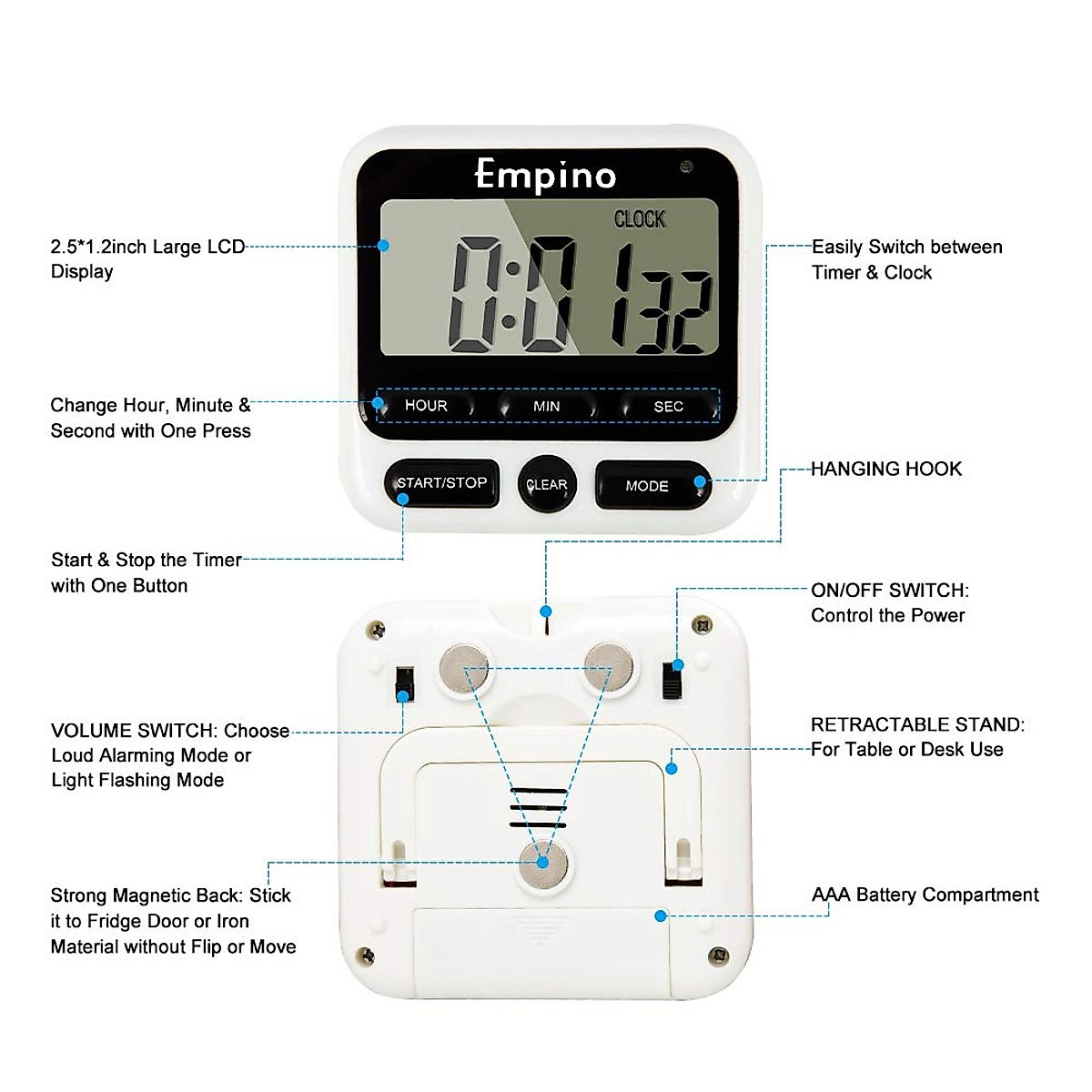 Empino Digital Kitchen Timer, Cooking Timer, 12-Hour Display Clock, Large Display, Strong Magnet Back, Loud Alarm, Memory Function, Count-Up & Count Down for Cooking Baking Sports Game Office Exercise
