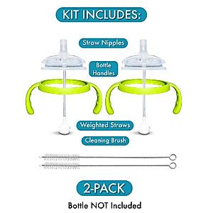 Straw Cup Conversion Kit for Comotomo Baby Bottles | 2-Count | with Soft Silicone Straw Top Nipples, Weighted Any Angle Straw Ball, Bottle Handles and Straw Cleaning Brush (Straw Top, Green)