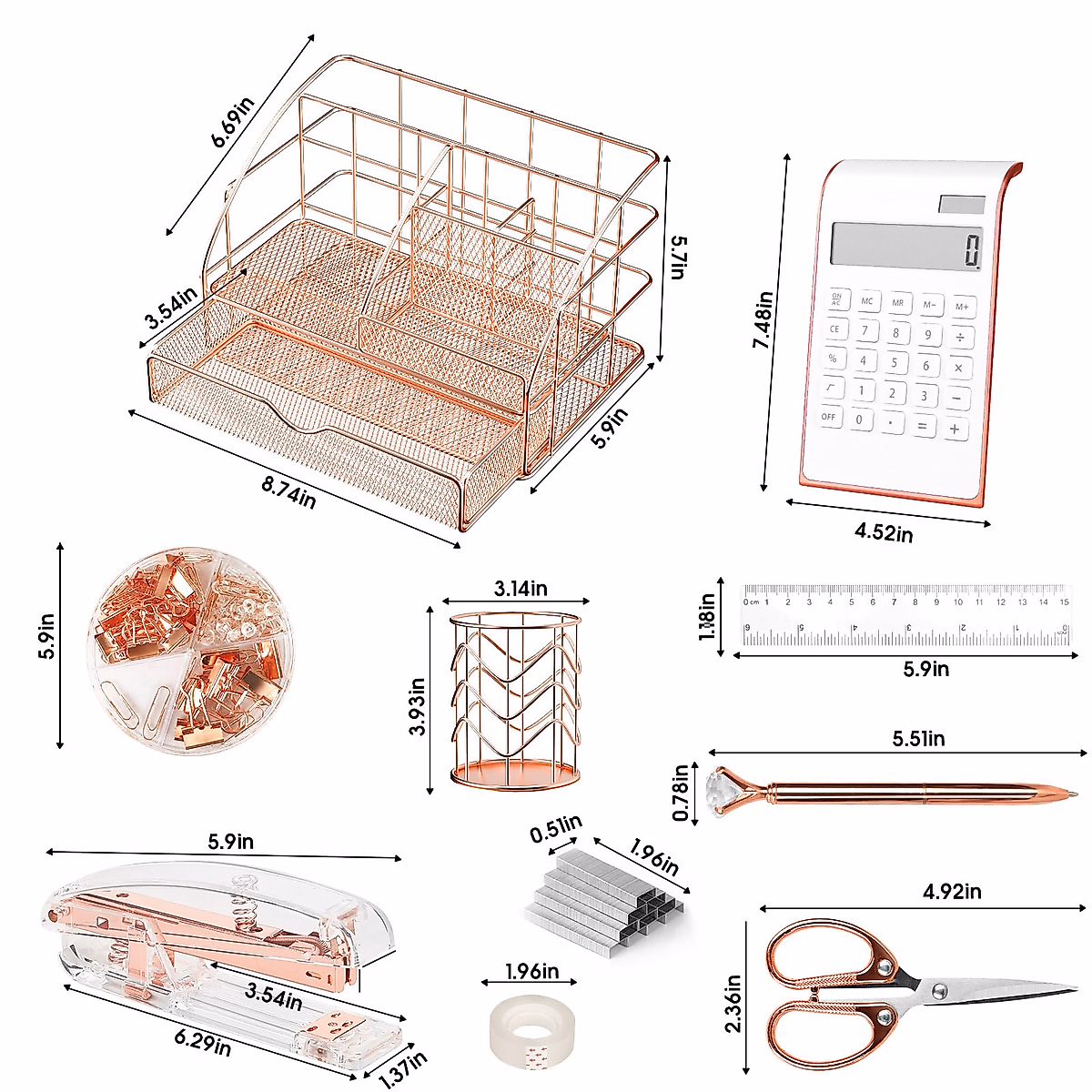 Rose Gold Desk Organizers and Accessories, Office Supplies with Calculator, Acrylic Stapler, Pen Holder, Clips, Scissor Pen, Mesh Desktop Organizer with Drawer for Women, Student, Office, School