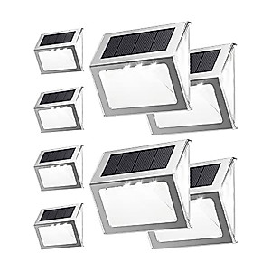 JACKYLED 7 LED Outdoor Solar Lights 8 Pack, 3-Side Lighting Solar Fence Lights, Waterproof Outside Solar Powered Deck Lights for Garden Backyard Patio Pathway Step Stair Deck Fence, Cool White