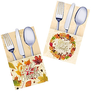 Thanksgiving Cutlery Holder Gold Foil with Give Thanks Maple Leaf design, Utensil Holder for Autumn Harvest Party Table Decorations, 24 pack, Mix 2 designs