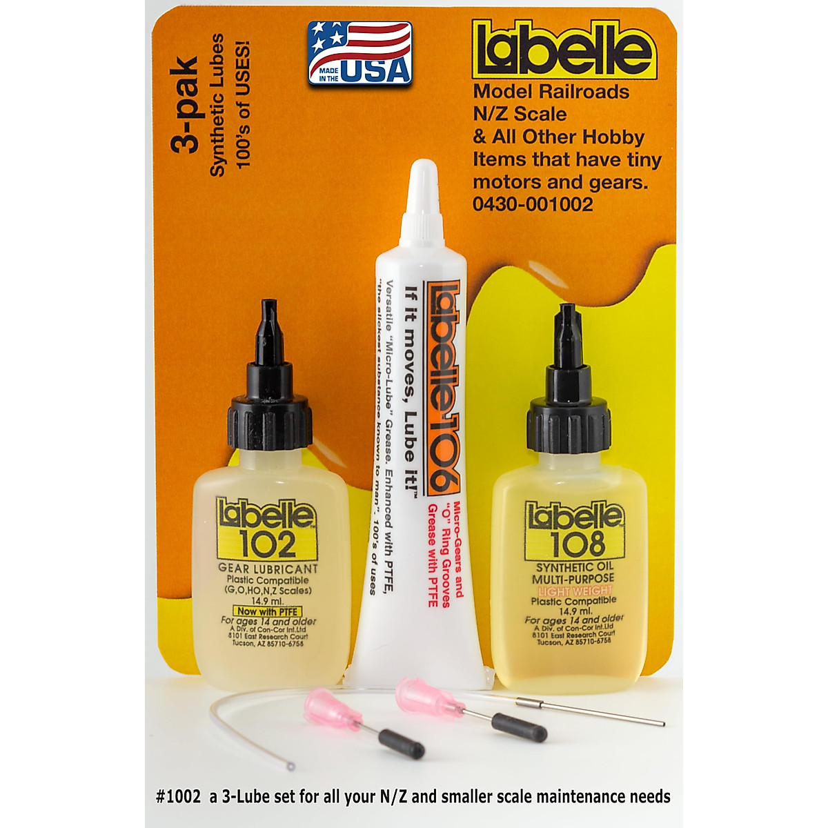 Labelle 3-pak (2 Oils and a Grease) for All N & Z Brands of Scale Model Trains, Slot Cars Under 1/87 Scale,Small RC Vehicles, All Toys and Other mechanized Items with a Motor Shorter Than 1 inch Long