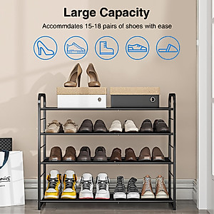 AIYAKA 4-Tier Shoe Rack Storage Organizer, Metal Stackable and Adjustable Shoe Rack for 16 Pairs of Shoes for Entryway Closet Doorway, Black
