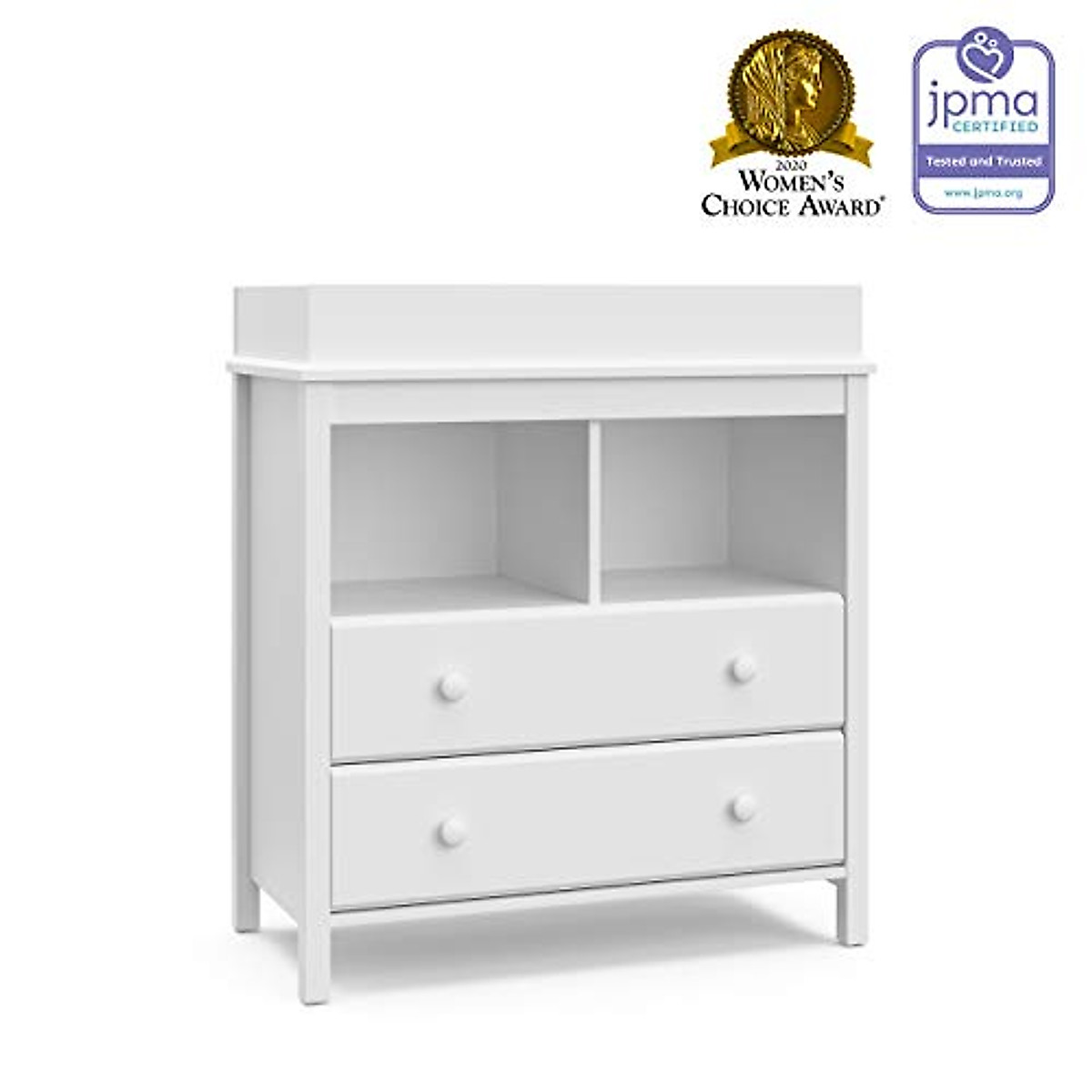 Storkcraft Alpine 2 Drawer Changing Table Chest (White) - Attached Changing Table Topper Fits Any Standard-Size Baby Changing Pad, 2 Drawers, 2 Shelves for Extra Nursery Storage, Easy to Assemble