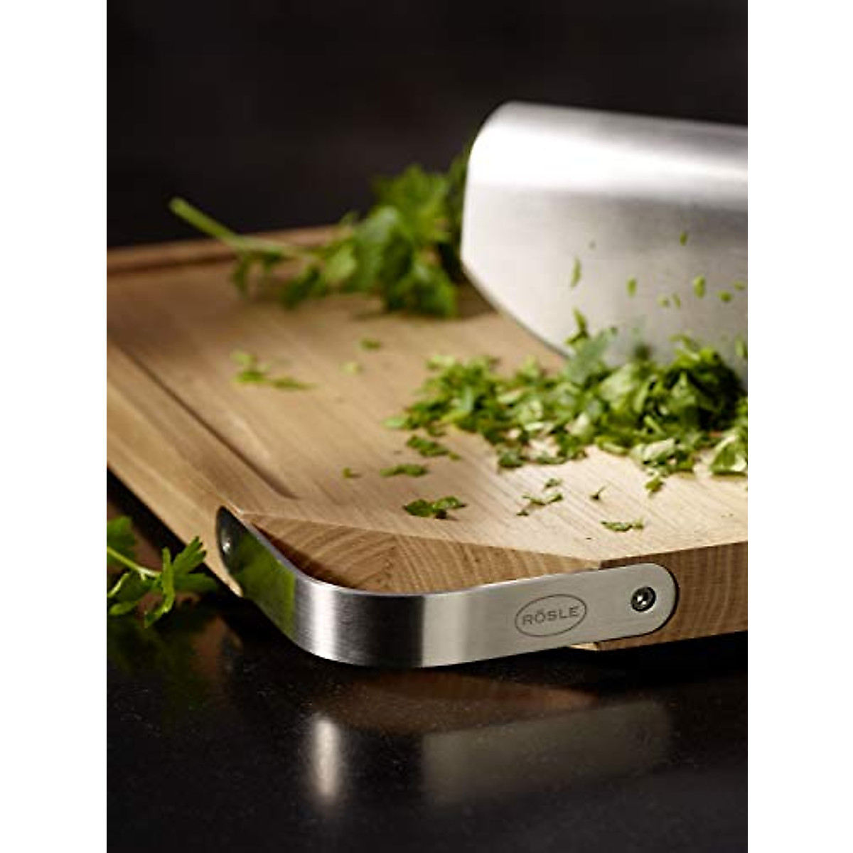 Rosle 15033 Cutting Board with Stainless Steel Handle, Wood, Natural, 48 x 32 x 3 cm