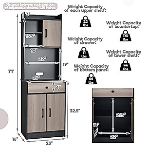 LOKO Kitchen Pantry Storage Cabinet, Compact Kitchen Cabinet with Hutch, Pantry Cabinet with Doors and Shelves, Kitchen Storage Cabinet with Microwave Stand & Drawers, 24 x 16 x 71 inches (Black)