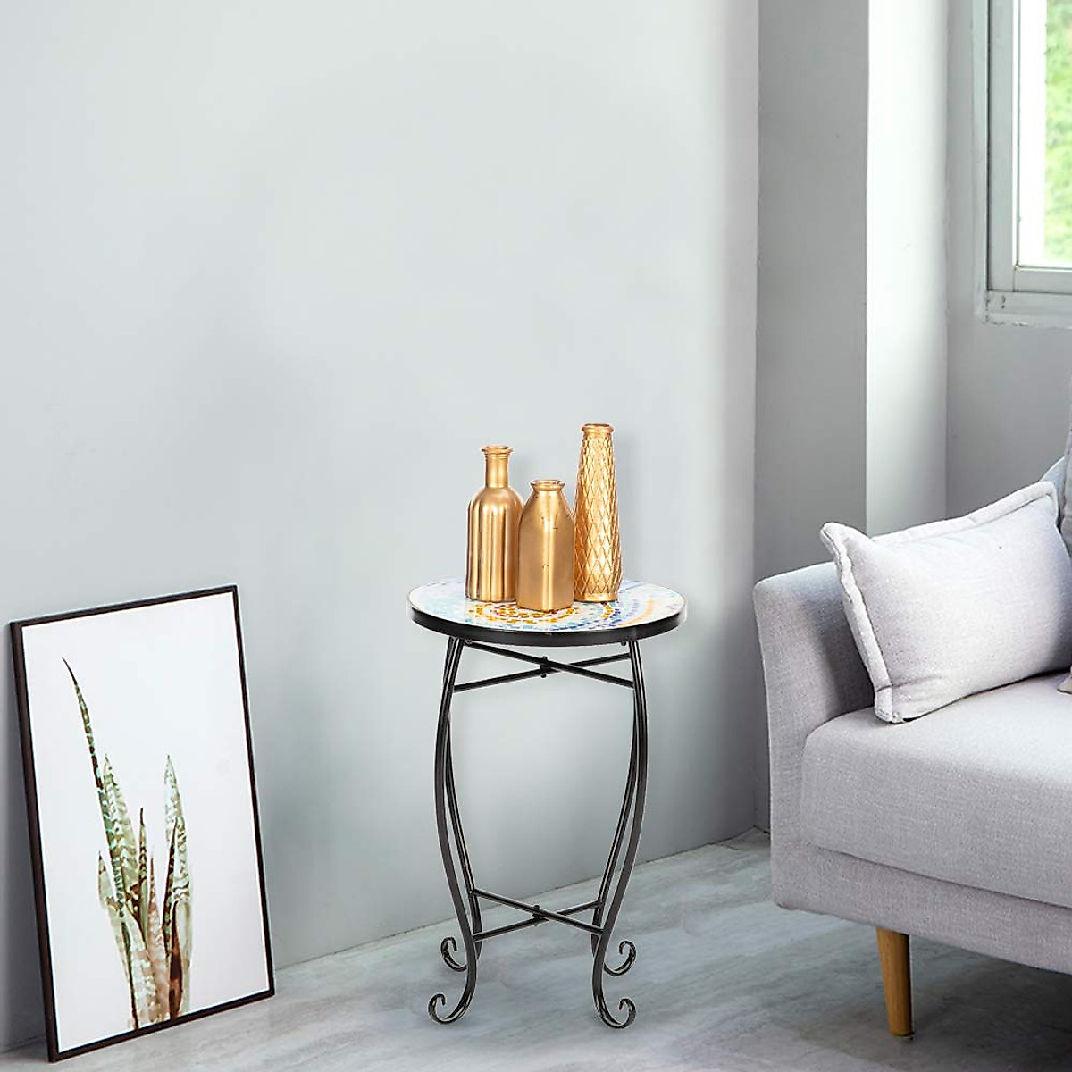 OOTDxvv Outdoor Side Table, 14inch Mosaic Patio Table Accent Table Plant Stand Small End Table with Coloured Glass for Porch Beach Patio Garden Balcony Poolside (D)