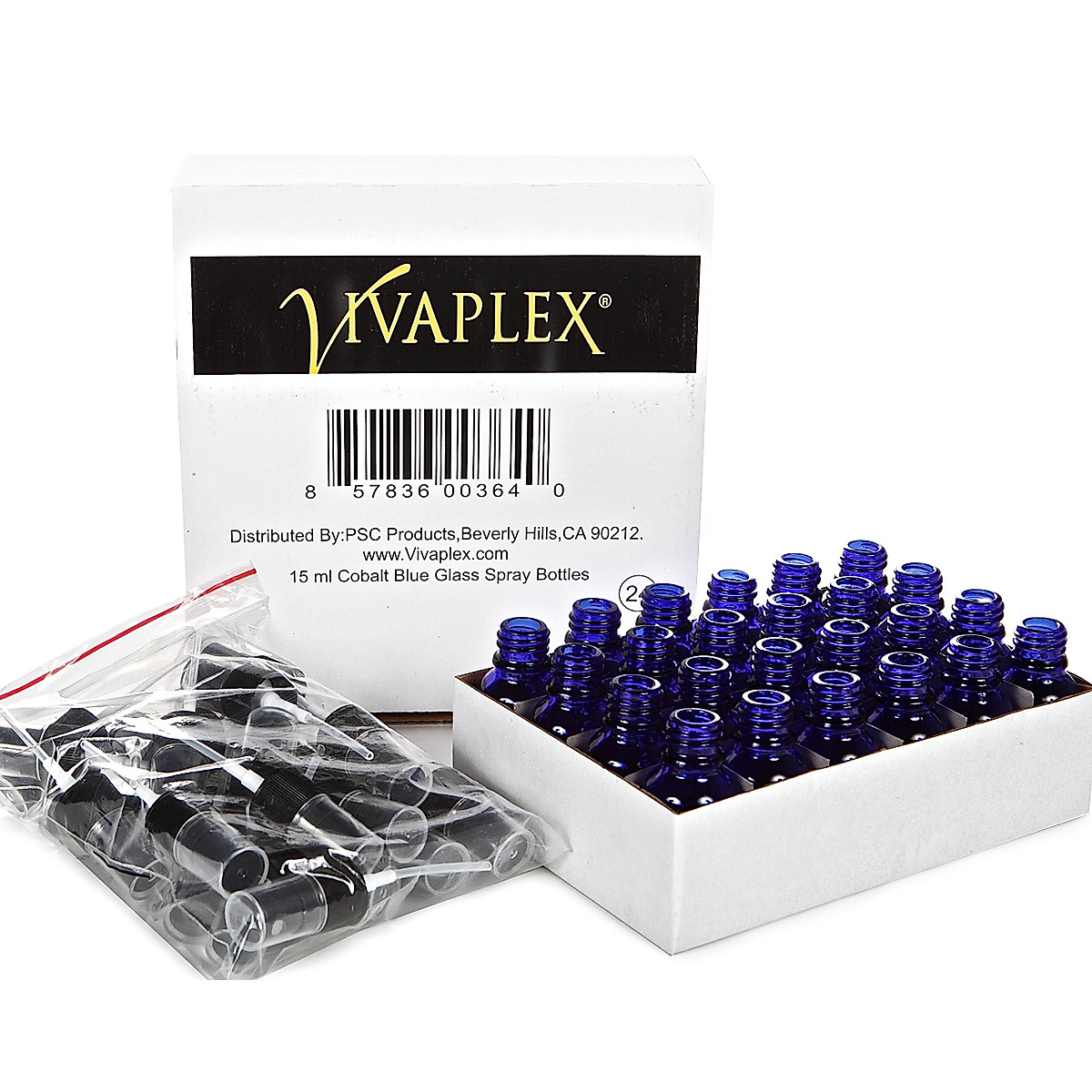 Vivaplex, 24, Cobalt Blue, 15 ml (1/2 oz) Glass Bottles, with Black Fine Mist Sprayer's