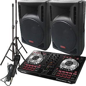 DJ System - Serato DDJ Controller w/Serato DJ Lite Software - 2400 Watts of Powered DJ Speakers w/Stands and Mic