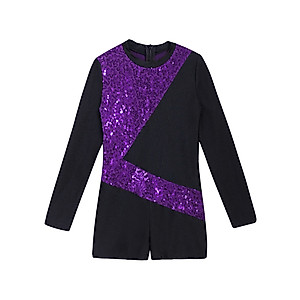 Kvysinly Girl's One Piece Sparkle Long Sleeve Gymnastics Leotards with Shorts Unitard Jumpsuit Biketard Dancewear Purple 6 Years